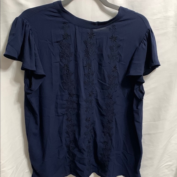 LOFT | Tops | Loft Navy Blue Ruffled Crew Neck Blouse | Poshmark